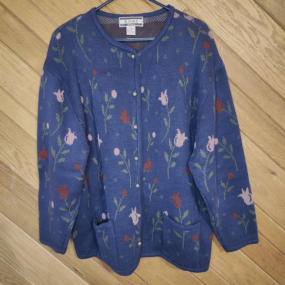 KOBE Woman | Sweaters | Vintage Kobe Woman Navy Blue Floral Knit Button ...